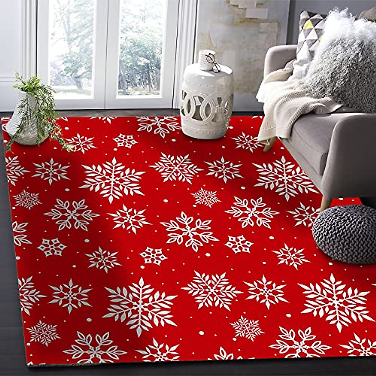 Christmas Area Rugs Living Room Floor Mat Christmas Snowflake Red Texture Collection Non-Slip and Washable Carpets for Indoor Bedroom Kids Room Home Decor, 2x3 Feet