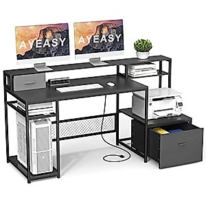 AYEASY Home Office Desk with Monitor Stand Shelf, 66 inch Large Computer Desk with Power Outlet and USB Charging Port, Computer Table with Storage Shelves and Drawer, Study Work Desk, Black