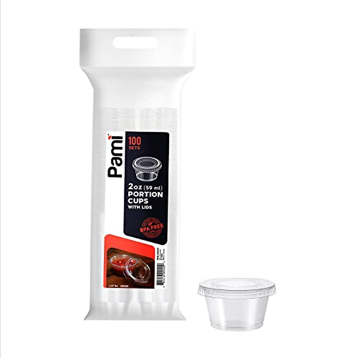 PAMI Portion Control Cups With Lids [2oz, 100-Pack]- Small Meal Prep Plastic Food Containers- BPA-Free Disposable Ramekin Cups- Deli Containers For Condiments, Sauces, Salsas, Dips, Jello Shots