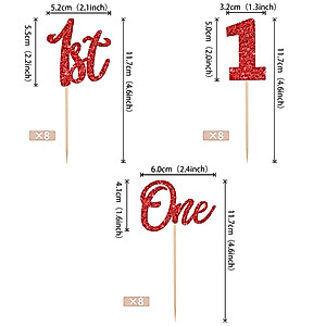 24 PCS One Cupcake Toppers Glitter 1st Birthday Cupcake Picks Number 1 First Birthday One Cake Decorations for Baby Shower Kids 1st Birthday Anniversary Party Supplies Red