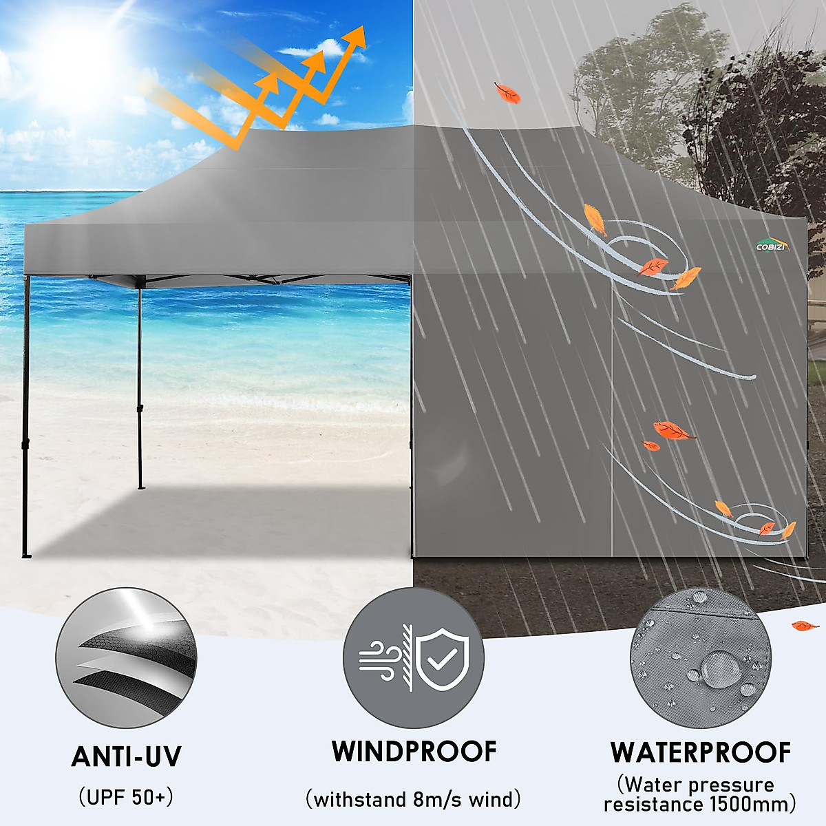 COBIZI 10x20 Heavy Duty Pop up Canopy Tent with 6 sidewalls Easy Up Commercial Outdoor Canopy Wedding Party Tents for Parties All Season Wind & Waterproof Gazebo with Roller Bag,Grey(Frame Thickened)