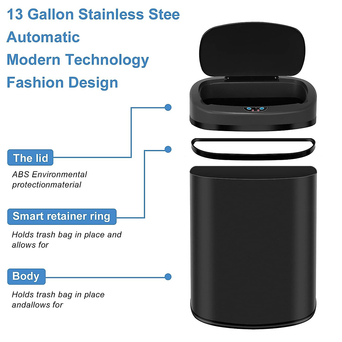 Bigacc 13 Gallon 50 Liter Kitchen Trash Can with Touch-Free & Motion Sensor, Automatic Stainless-Steel Garbage Can, Anti-Fingerprint Mute Designed Trash Bin-Black