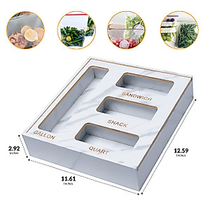 Bamboo Ziplock Bag Storage Organizer with Modern Marble Wrap Finish, Storage Holder for Plastic Food Bags, Sandwich, Quart, Snack, and Gallon Sized Slots