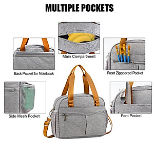 HSHPX Lunch Bag Women Insulated Adult Lunch Box Large Reusable Lunch Tote with Webbing Loop Cute Portable Lunch Cooler with Adjustable Shoulder Strap for Work Office Picnic (Gray)