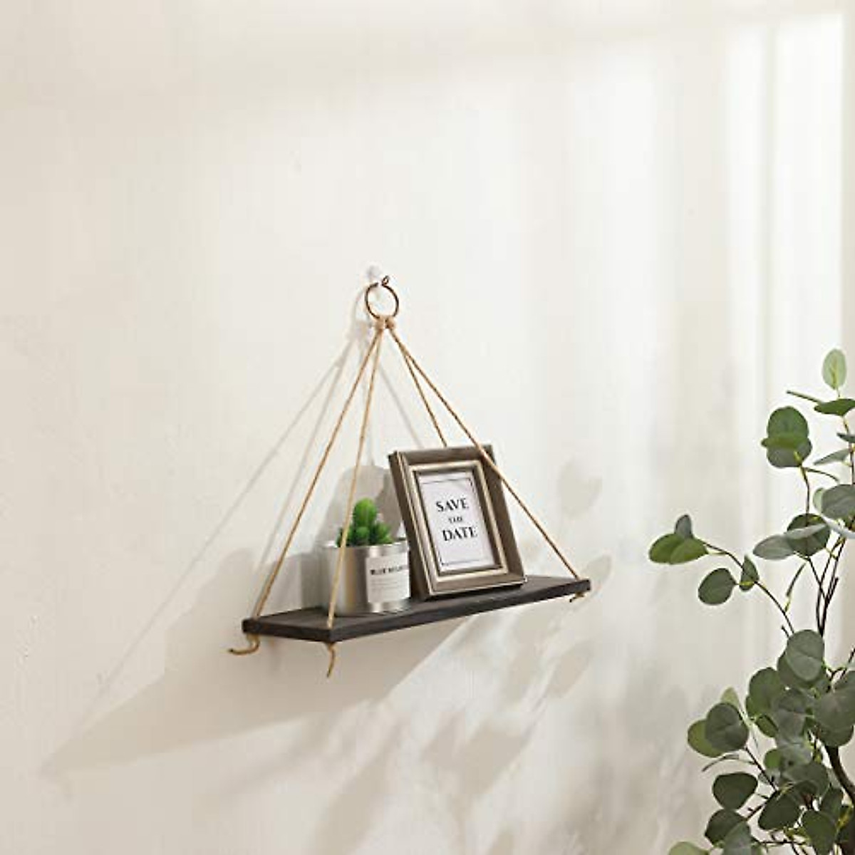 PENGKE Hanging Shelves Set of 2 Boho Wall Decor,Small Floating Window Hanging Plant Shelf,Rustic Wood Floating Storage Shelf for Bedroom Bathroom Living Room Kitchen,Wooden Bookshelf