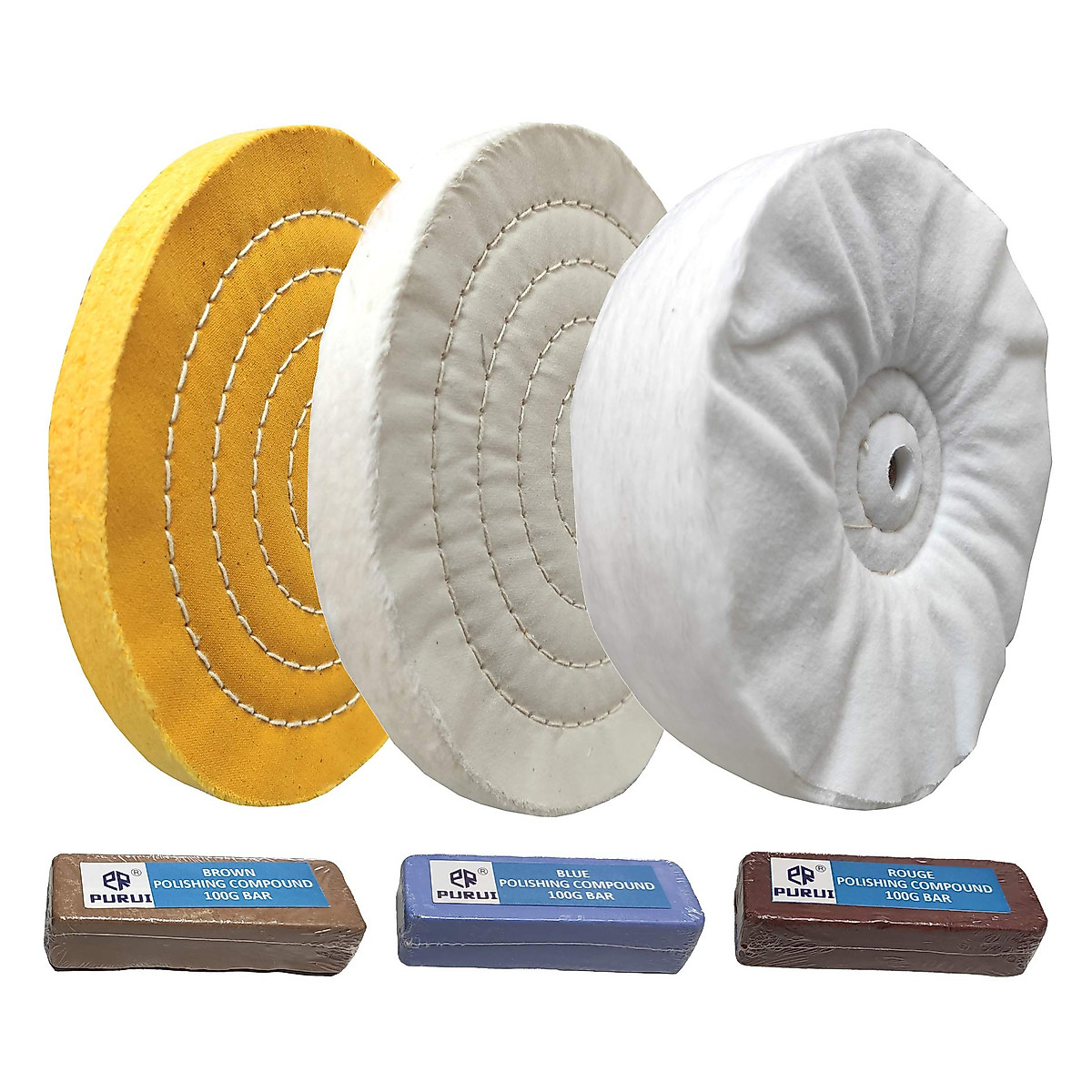PURUI 8" Buffing Polishing Wheel-Coarse (42PLY) Medium(60PLY) Fine(40PLY) with 5/8" Arbor Hole -Brown,Blue,Red Rouge Polishing Compounds for Bench Grinder 6PC