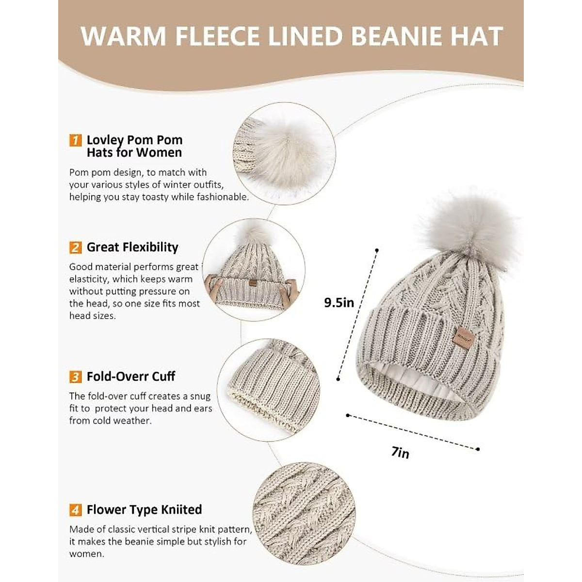 Women's 3-in-1 Fleece Winter Hat, Scarf & Touchscreen Glove Set with Pom Pom - Oatmeal