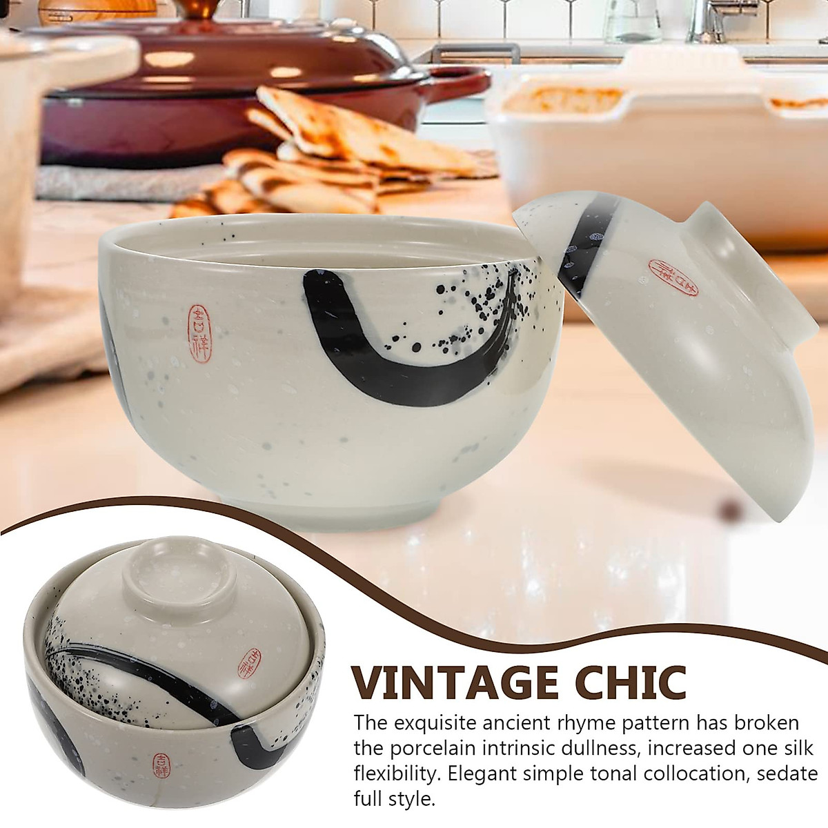 Yardwe Ceramic Bowl with Lid Traditional Japanese Style Soup Bowl Ramen Noodle Soup Rice Bowl with Lid (White)