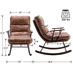 Rocking Chair Mid-Century Modern Nursery Rocking Armchair Glider, Comfy Side Chair for Living Room Bedroom, PU Leather Upholstered Rocker Glider, Brown