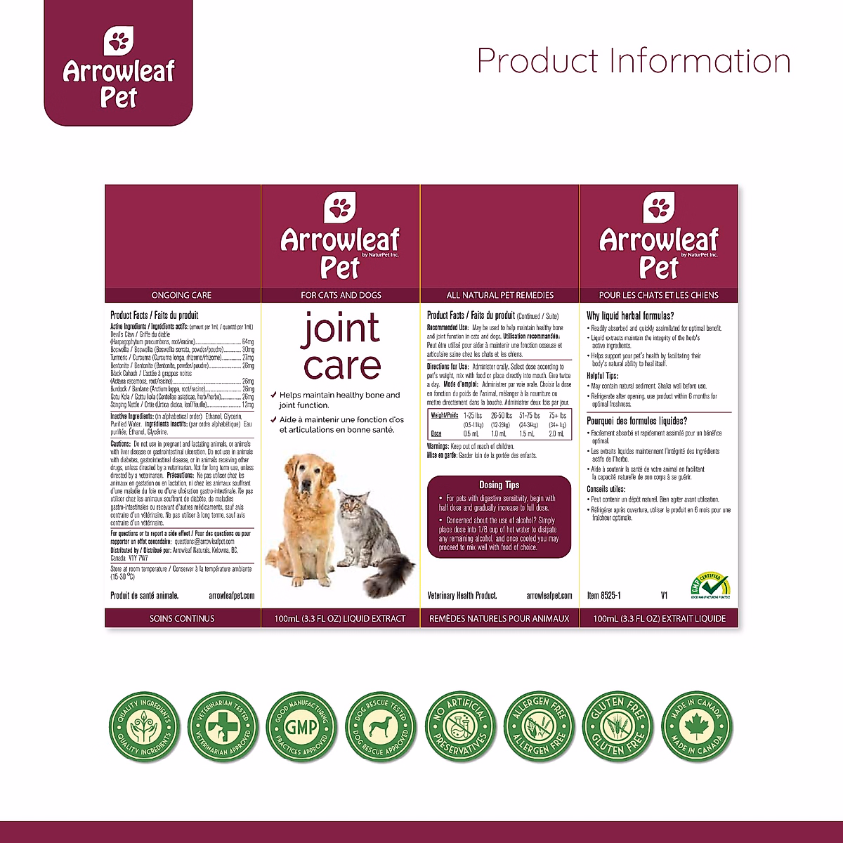 Arrowleaf Pet Joint Care by NaturPet Inc for Dogs and Cats | Contains Turmeric | Mobility | 100mL Herbal Tincture