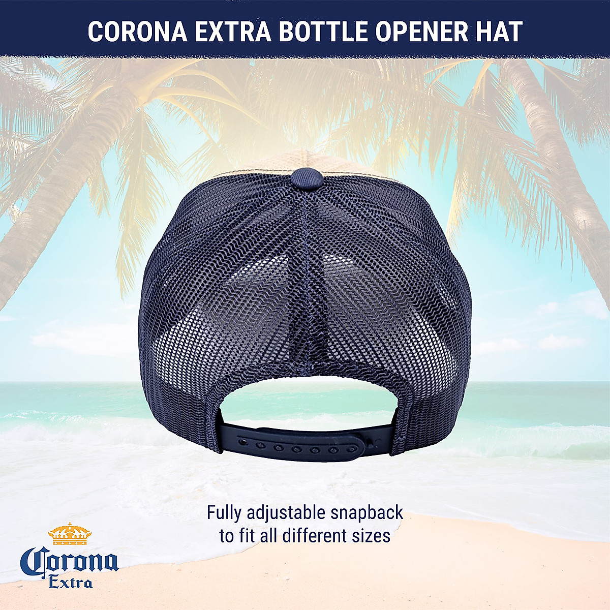 Corona Extra Truck Hat, Mesh Adjustable Snapback Trucker Hat with Bottle Opener Curved Brim, Tan, One Size