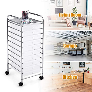 SILKYDRY Rolling Storage Cart with 10 Drawers, Versatile Utility Cart with Wheels for Tool Paper Scrapbook Art Supply, Mobile Craft Organizer Cart for Home Office School (Clear)