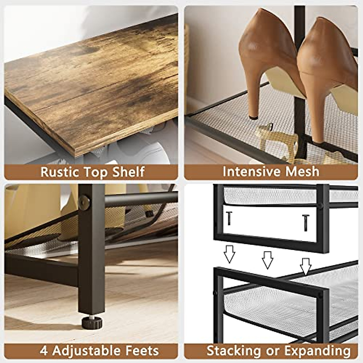 AEPOALUA Shoe Rack, 9-Tier Shoe Organizer, Tall Shoe Storage for Entryway, Closet, Garage, Large Shoe Rack Storage Organizer, Set of 2 5-Tier add 4-Tier Stackable Shoe Shelf, Industrial, Rustic Brown