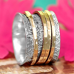 Boho-Magic 925 Sterling Silver Spinner Ring for Women with 4 Brass Fidget Rings Chunky Wide Band (7)