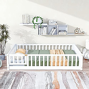 Full Floor Bed for Kids, Montessori Bed Frame with Fence-Shaped Guardrails, Support Slats and Door, Wood Floor Full Bed for Kids,Toddler,Boys Girls, No Box Spring Needed(White, Full Bed Frame)