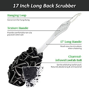 AITRAI Loofah Back Scrubber, Pack of 2 Long Handle Loofah Back Brushes for Shower Luffa on Stick Soft Mesh Body Scrubber for Men Women, Bamboo Charcoal Infused