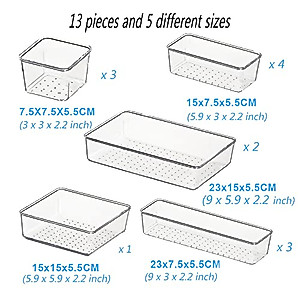 JINYUDOME 13 Pcs Desk Drawer Organizer Trays Sets 5-Size Clear Plastic Vanity Makeup Drawer Organizers,Used for Kitchen, Office, Bathroom, Makeup