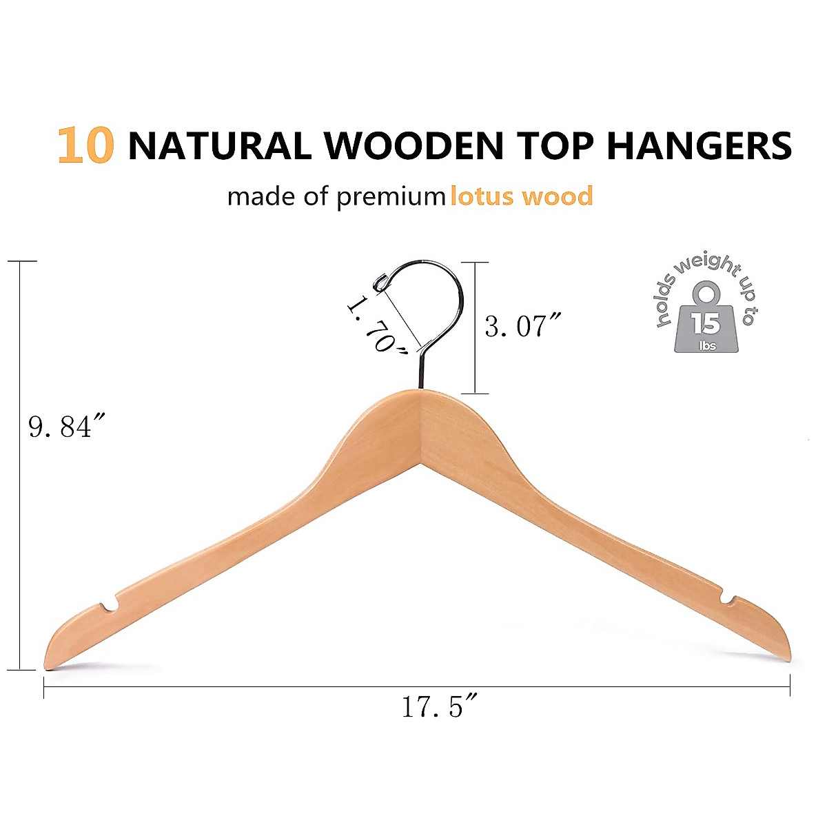 Amber Home 10 Pack Natural Wooden Shirt Hangers, Premiun Wood Coat Hangers Without bar, Clothes Hangers for Jacket, Bridal (Natural, 10)