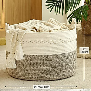 KAKAMAY Large Blanket Basket (20"x13"),Woven Baskets for storage Baby Laundry Hamper, Cotton Rope Blanket Basket for Living Room, Laundry, Nursery, Pillows, Baby Toy chest (White/Beige)