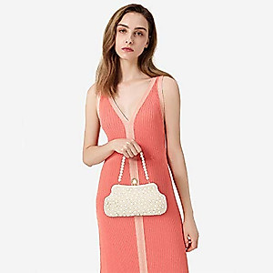 UBORSE Women Pearl Clutch Bead Rhinestone Evening Clutch Bag with removable Pearl Chain Ivory White