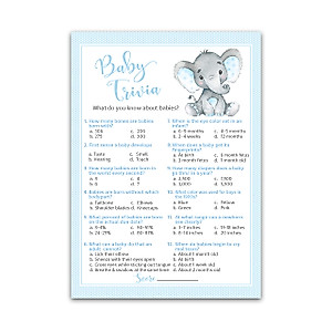 BLUE ELEPHANT Baby Shower Game — BABY TRIVIA Games — Pack of 25 — BOY Baby Shower Games, Fun Baby Facts Games, Baby Boy Shower Activity, Blue Polka Dot Baby Elephant Baby Shower Games, SKU G501-TRV