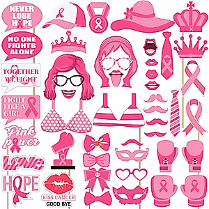 45PCS Breast Cancer Awareness Props - Pink Ribbon Photo Booth Fundraiser Charity Event Party Supplies Decorations