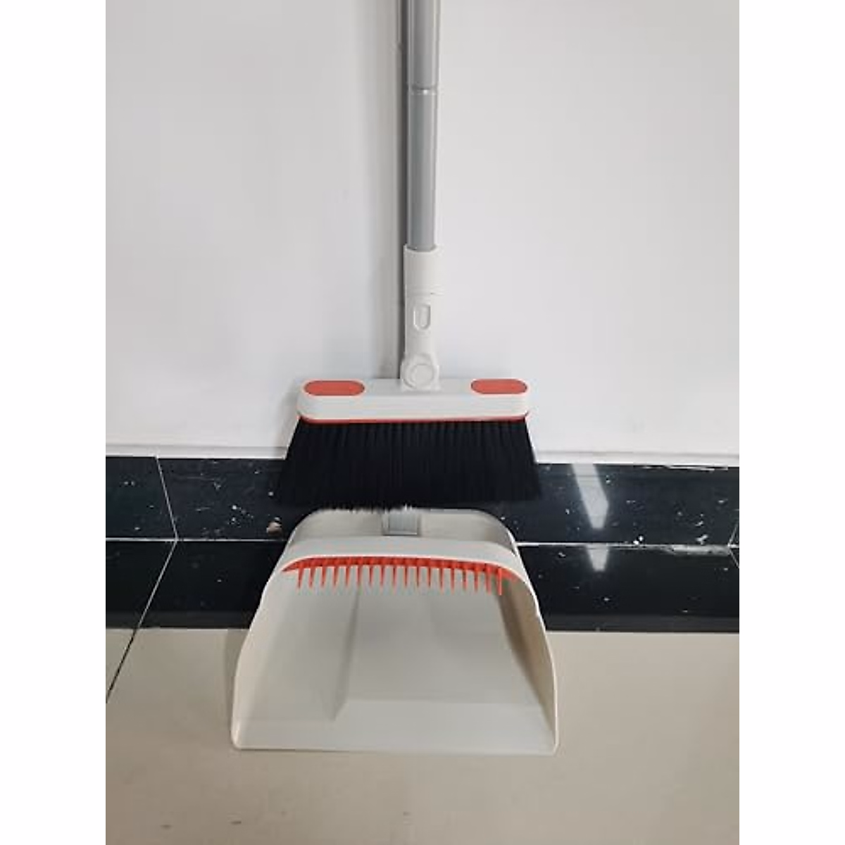 JEHONN Broom and Dustpan Set for Home, Long Handle Lightweight 180 Degree Rotating Broom Set Indoor, Upright Standing Dust Pan with Comb Teeth, Store Sweep Set for Room Kitchen Office (Grey & Red)
