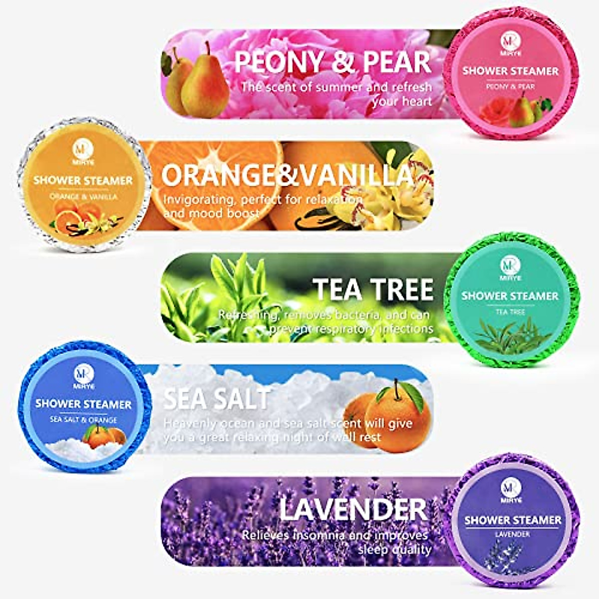 MR MIRYE Shower Steamers Aromatherapy for Women and Men, 20-Pack Organic Shower Bombs with Essential Oil, Tea Tree, Orange & Vanilla, Sea Salt, Lavender, Peony & Pear Easter Gifts Mothers Day Gifts