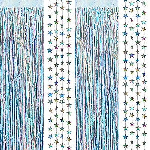 Iridescent Tinsel Foil Fringe Curtains for Birthday Party Photo Backdrop Twinkle Star Garland Holographic Backdrop for Disco Euphoria Party Decorations
