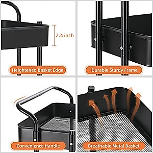 TOOLF 3 Tier Metal Rolling Cart, Utility Cart with Handle, Multifunction Storage Cart with Lockable Wheels, Serving Organizer Trolley with Mesh Basket for Kitchen, Bathroom, Office