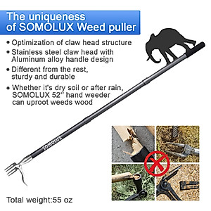 SOMOLUX 52'' Weed Puller Stand-up Weeder Weeding Tool for Gardening Heavy-Duty Stainless Steel Claw with Long Metal Handle Weed Remove Tool for Lawn/Yard and Garden Without Bending or Kneeling