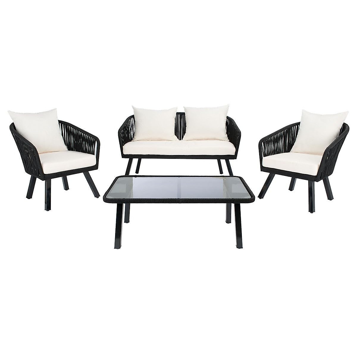 Safavieh Outdoor Collection Jorda Wicker Cushion 4-Piece Rope Patio Backyard Living Set PAT7518B, Black/Beige