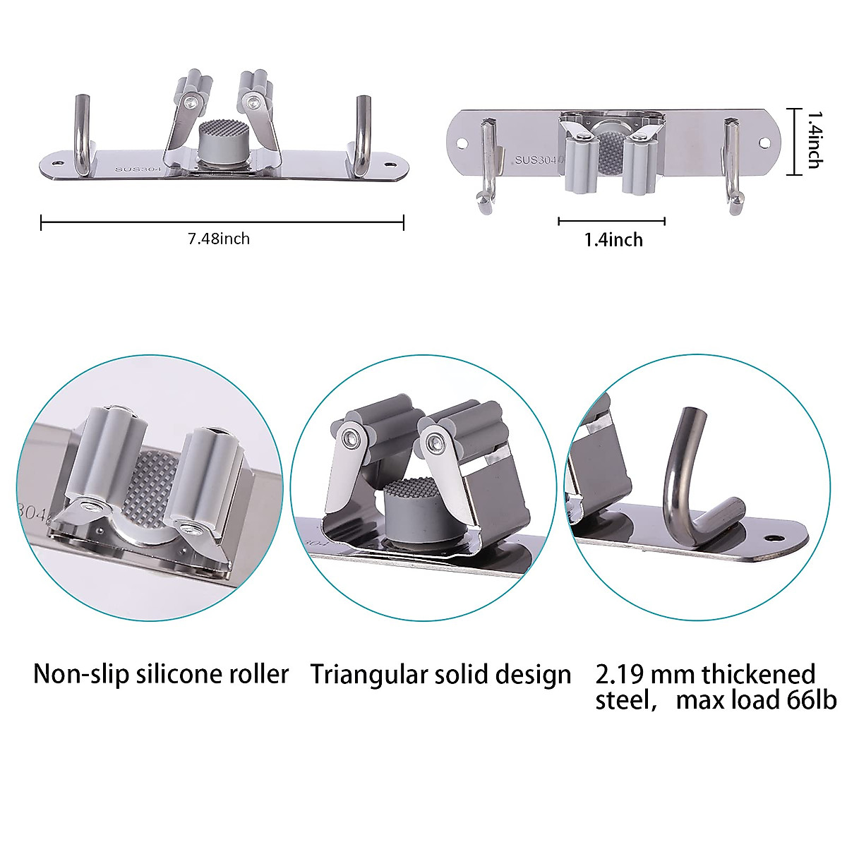 Tidysun Mop and Broom Holder Wall Mounted,Heavy Duty Stainless Mop Holder Wall Mount with 1 Gripper and 2 Hooks,Mop Broom Holder for Kitchen Bathroom Garden Garage 1 Pack(Grey)