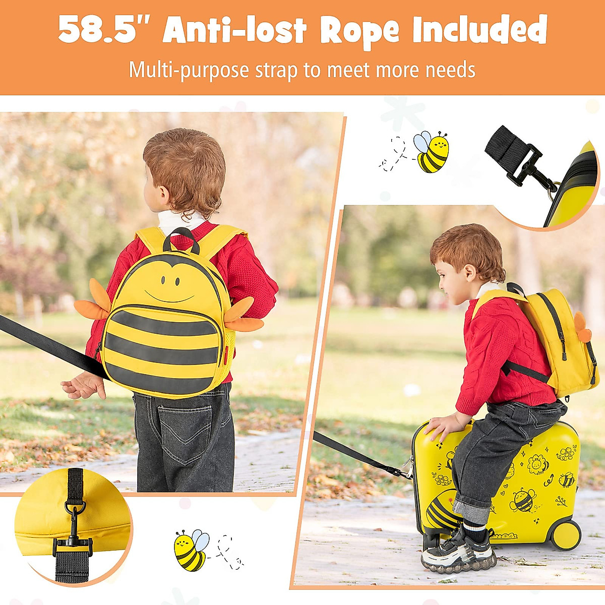 HONEY JOY 12" Bee Themed Kids Travel Backpack & 18" Hardside Suitcase with Wheels, Yellow, 2 Pcs