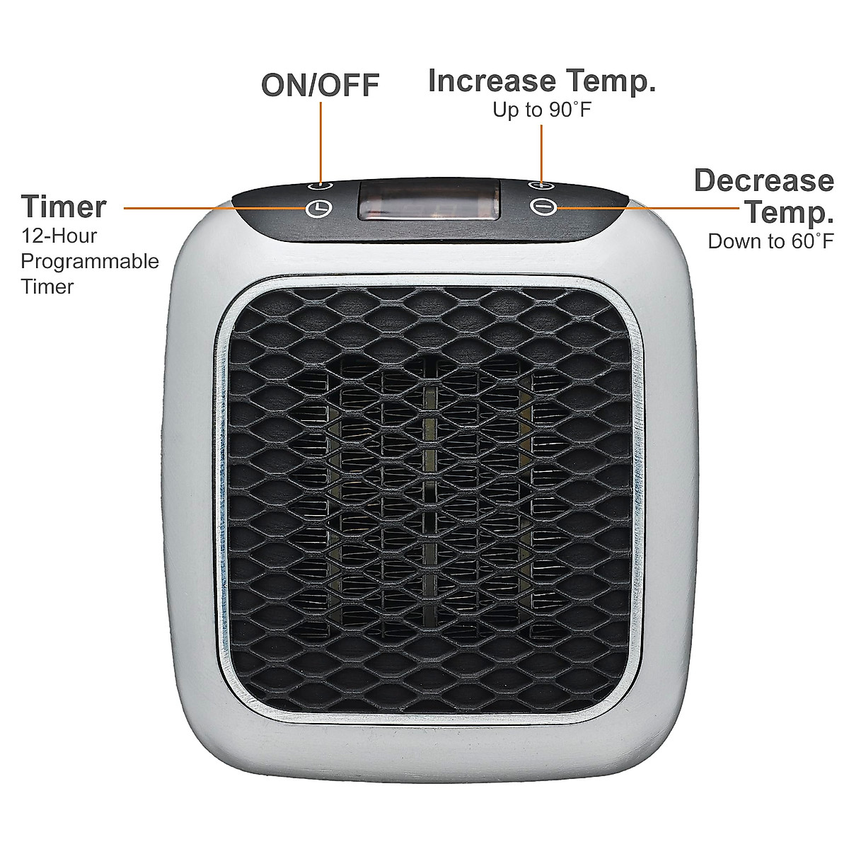 Ontel Handy Heater Turbo Heat 800W Wall Outlet Small Space Heater with Adjustable Thermostat, Programmable 12-Hour Timer, Auto Shut Off - Quiet & Space-Saving Ceramic Mini Heater (Packaging May Vary)
