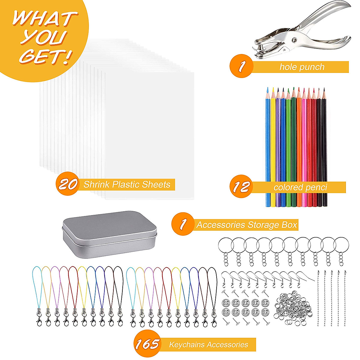 Rawskro 200 Pieces Shrink Plastic Sheet Kit Include 20 Blank Sheets Shrinky Art Paper,Hole Punch,165 Keychains Accessories,12 Colored Pencils for Kids Creative Craft Activities for All Ages