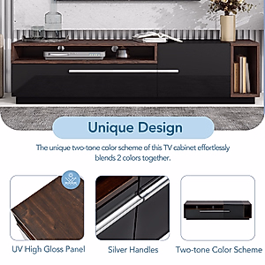 Merax Two-Tone Design Stand with Silver Handles, UV High-Gloss Media Console for Television Up to 70", Chic Style TV Storage Cabinet for Living Room, 66.8 inch Length, Black