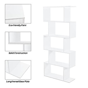 Sunon Geometric 5-Tier Bookshelf, Modern Bookshelf 5 Standing Shelves Bookcase S Shape Display Shelf and Room Divider, Unique Z Freestanding Decorative Storage Shelving Corner Bookcase for Bedroom