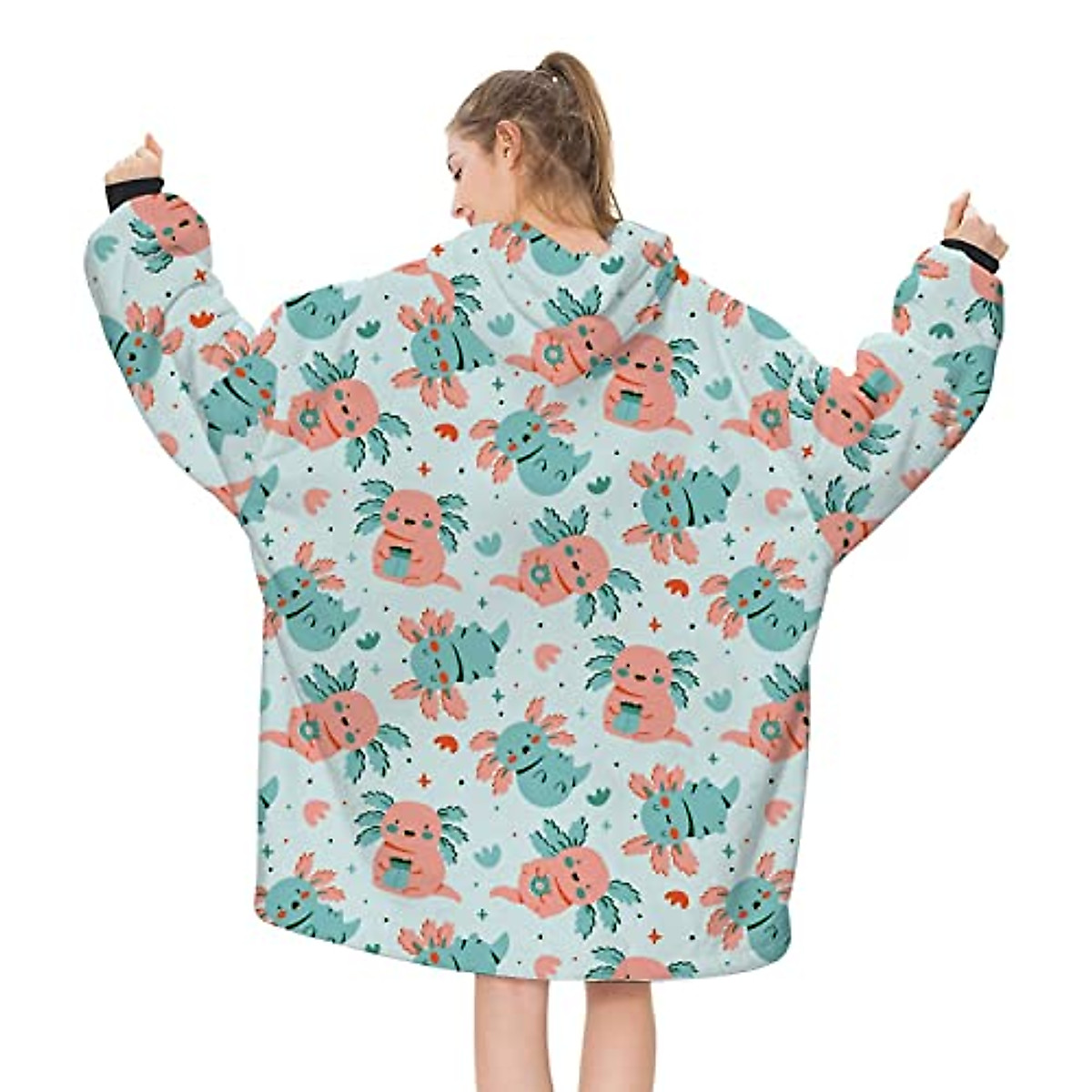 Wearable Blanket Hoodie for Adults, Women Men Size Comfy Hooded Blankets Sweatshirt, Oversized Hoodie Throw Soft Cozy Fleece Blanket Cute Kawaii Axolotl