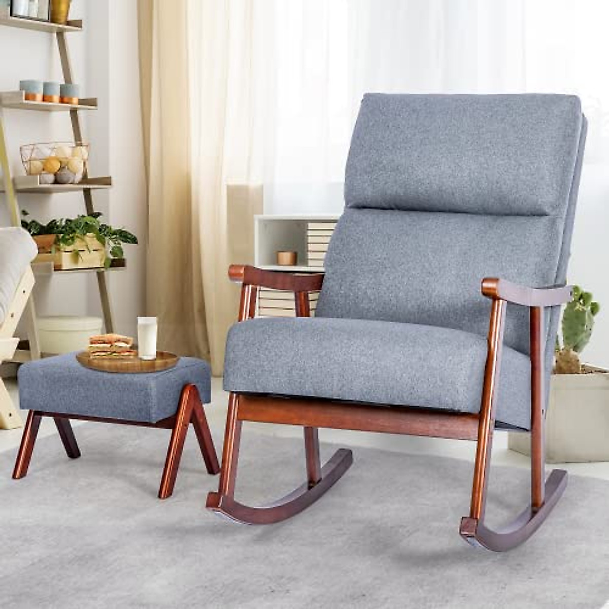 HOMREST Rocking Chair, Mid-Century Modern Upholstered Fabric Rocking Armchair with Ottoman & Thick Padded Cushion for Living Baby Room, Bedroom(Gray)