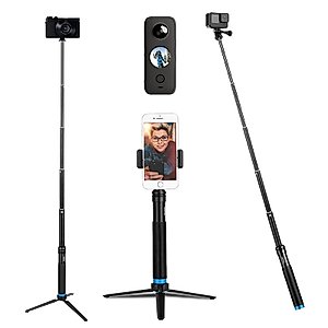 Selfie Stick Tripod Stand w Phone Mount, 35.4" TELESIN Aluminum Extension Pole Monopod for GoPro Max Go Pro Hero 12 11 10 9 8 7 6 5, Insta360 X3 Insta 360 Go 2 Go 3, DJI Action 3 4 Accessories