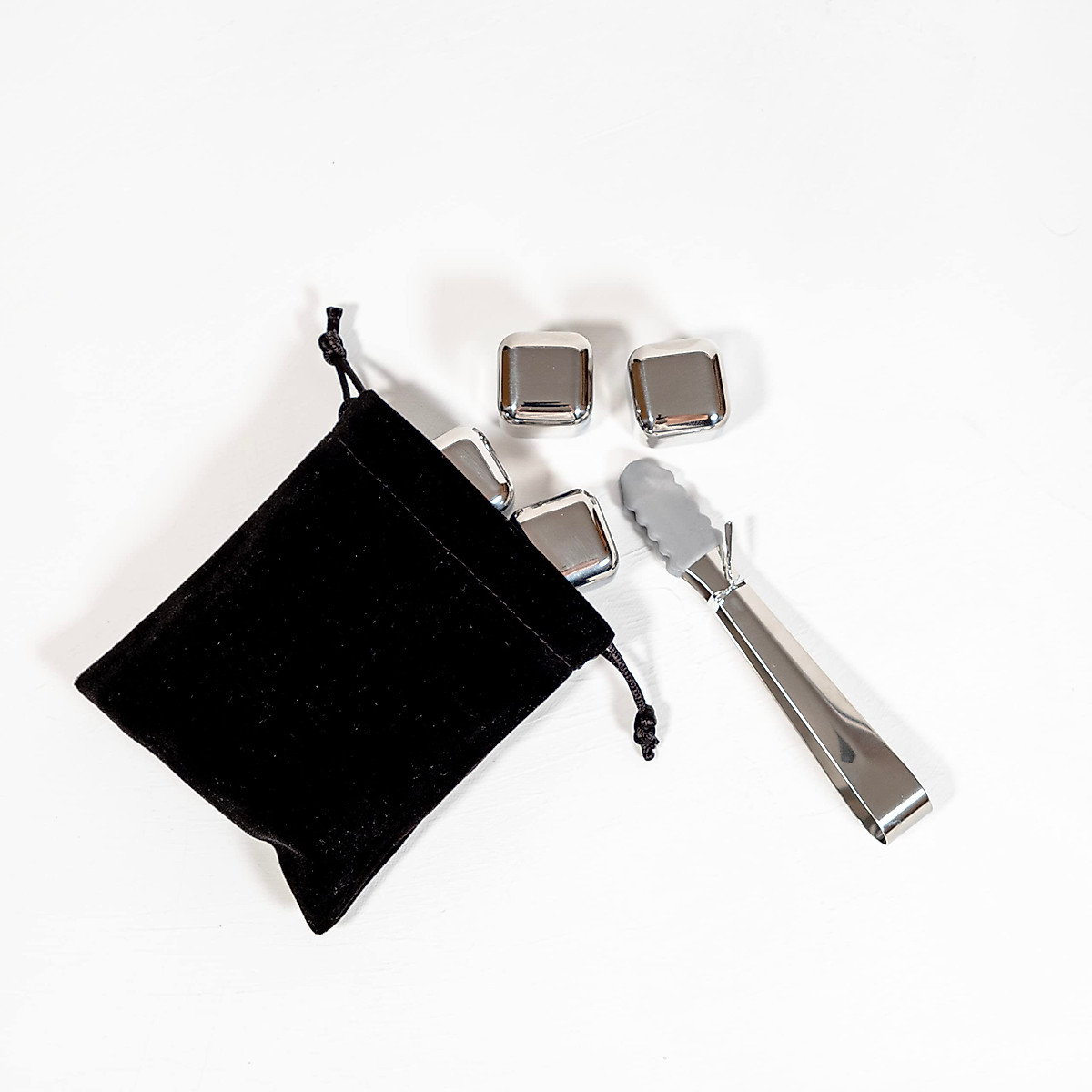 Whiskey Stones Stainless Steel Gift Set for Men, Dad - Reusable Waterless Cooling Ice Cubes with Tongs for Drink, Beverage, Bourbon, Coffee - 4 Pcs with Tongs in Box