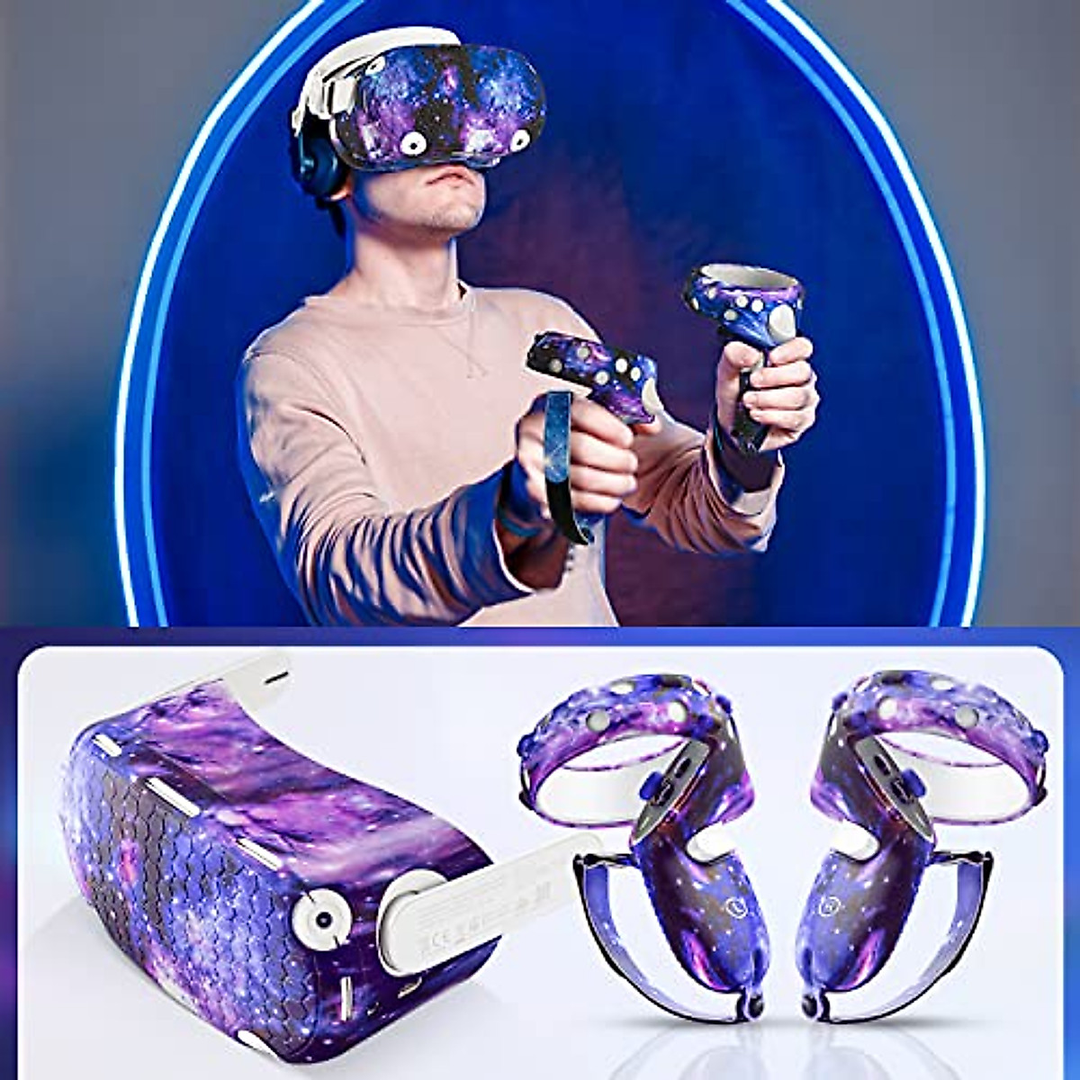 for Oculus Quest 2 Silicone Case Accessory with VR Face Cover Pad and Touch Controller Grip Cover, Lens Cover, Disposable Eye Cup (Starry Purple)