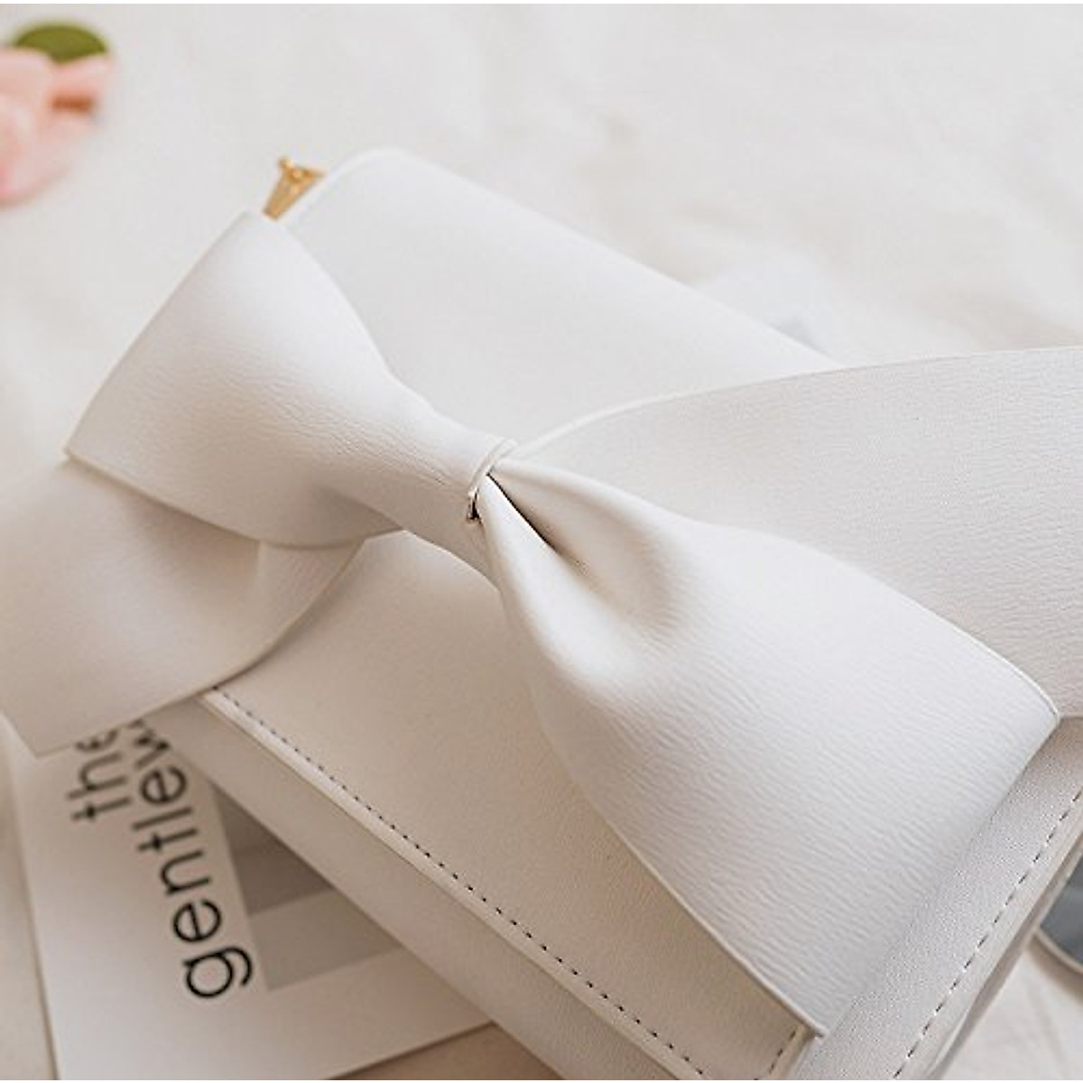 Haolong Lady Bowknot White Faux Leather Messenger Satchel Tote Purse Shoulder bag