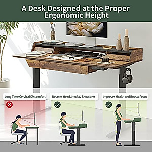 FEZIBO Electric Standing Desk, 55 x 24 Inches Height Adjustable Table, Ergonomic Home Office Furniture with 3 Drawers, Black Frame/Rustic Brown Top