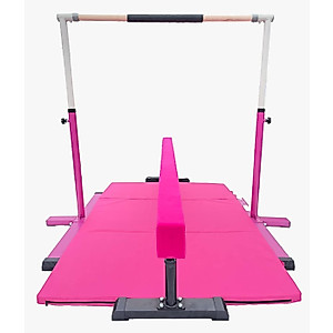 XDance Gymnastics Bar Kip Bar for Kids 3 in 1 Set with Adjustable Balance Tube, 6'x4' Tumble Mat, Expandable Height 3 to 5 FT Horizontal Bar Junior Gymnast Gymnastic Bar Asymmetric Bar Pink