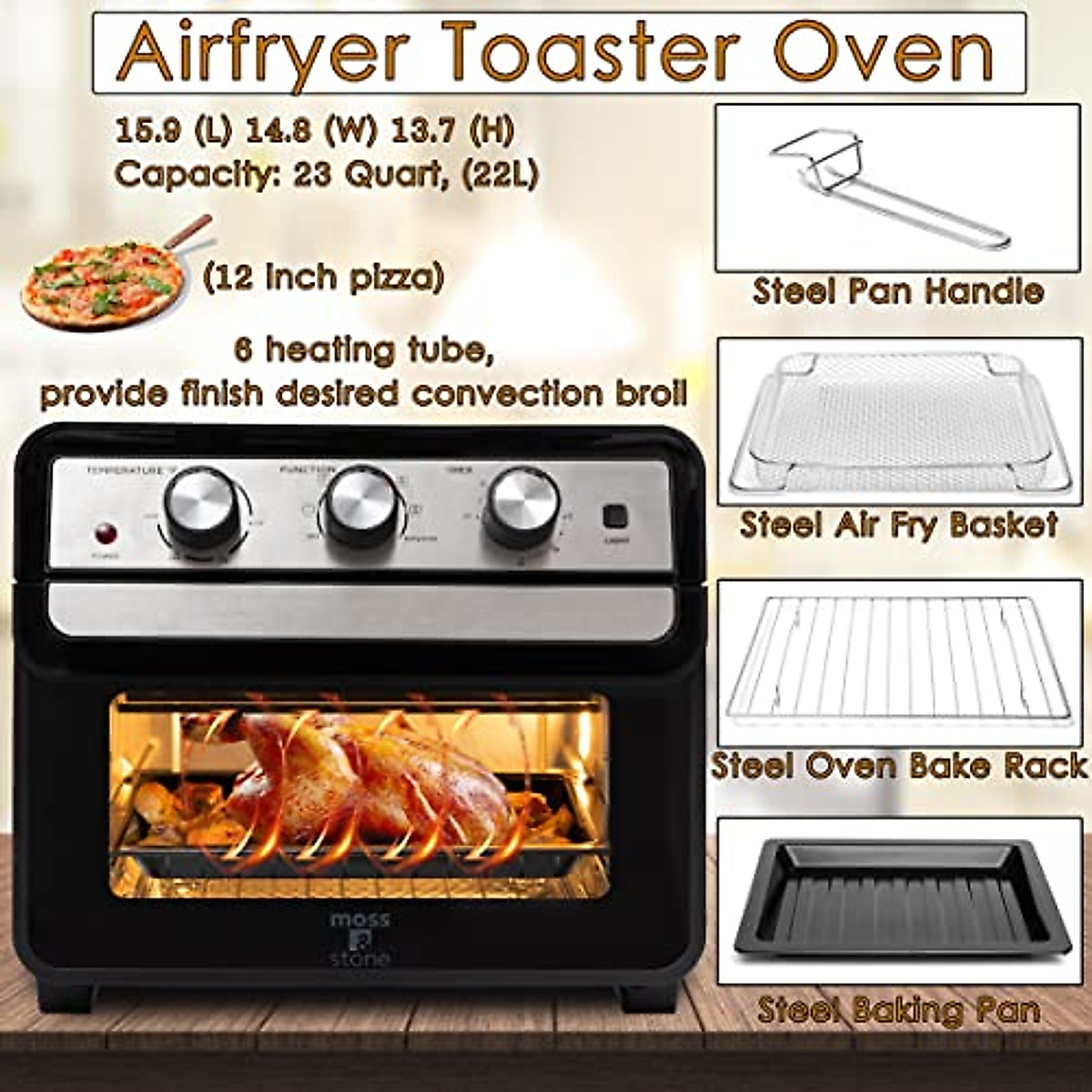 Air Fryer Oven, 6-in-1 Toaster Oven 23 Quart, Airfryer Toaster Oven For Roast, Bake, Broil, Stainless Steel Accessories Included, Convection Oven Countertop (Black) By Moss & Stone.