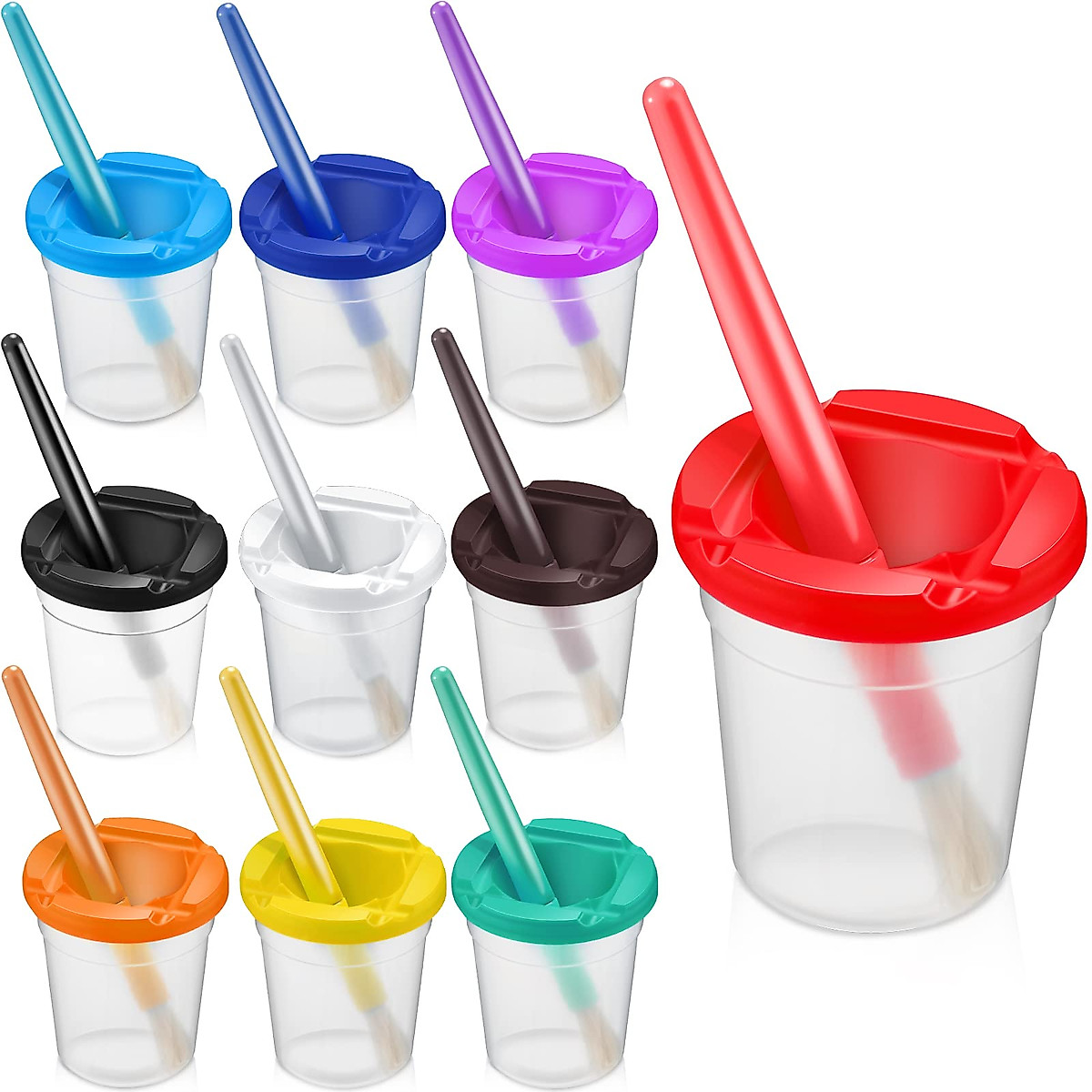 10 Pcs Children's No Spill Paint Cups Leakproof Paint Cups with Lids for Kids Toddlers and 10 Pieces Matching Colored Painting Round Brush Set Outdoor Art Supplies for Kids
