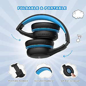 KLUGMIA Kids Bluetooth Headphones, 85/94dB Volume Limited kids headphones, Over Ear Toddler Headphones with Built-in Mic, Bluetooth 5.0, Foldable Wireless Headphones for Kids (black blue)