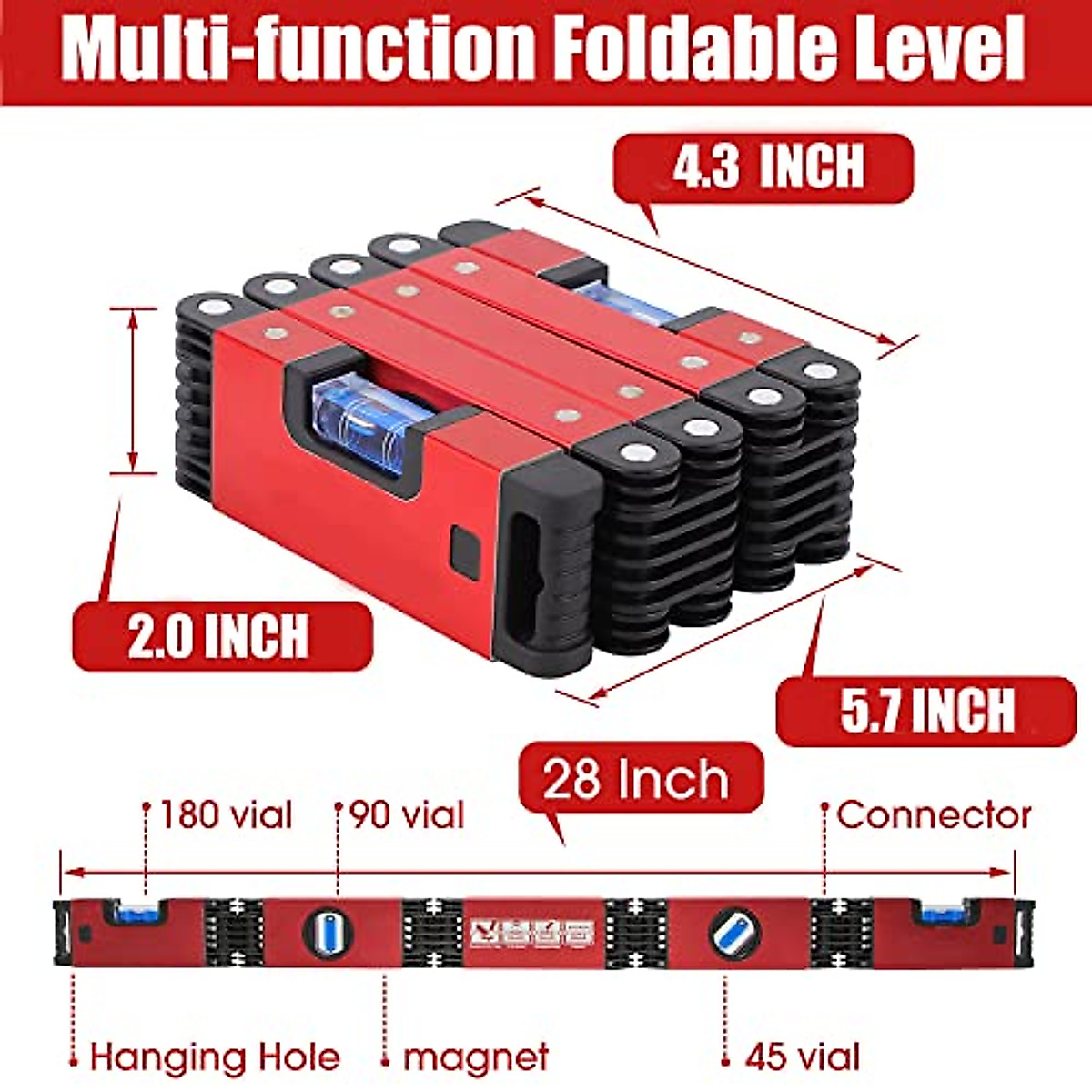 HBOKIT Foldable Level Multi-function Woodworking Tools 28inch Folding Level with 45°/90°/180° Bubbles for Carpenters,Woodworkers,Fabricator